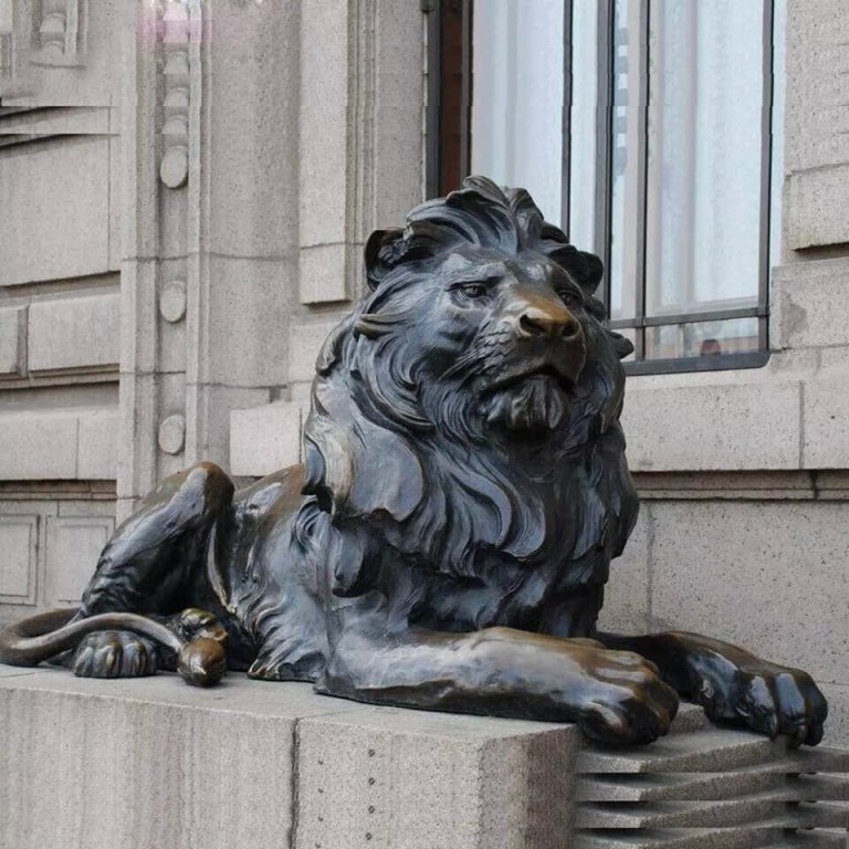 Hand Carved Bronze Lion Lying Down Statue - SevenTreeSculpture