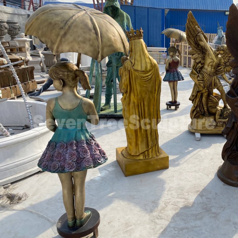 Bronze Umbrella Girl Fountain Sculpture For Sale - SevenTreeSculpture