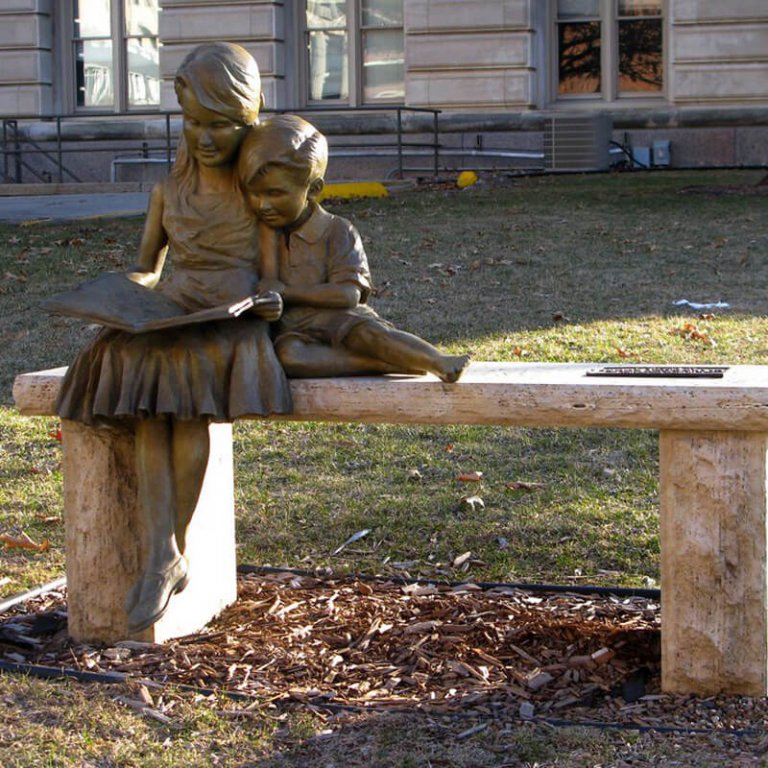 Bronze Teacher And Children Reading Sculpture For Sale - SevenTreeSculpture