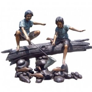 Garden Bronze Boy And Girl Fishing Sculpture For Sale - SevenTreeSculpture