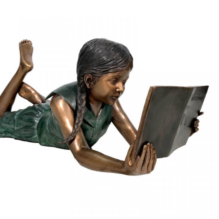 Bronze Lying Children Reading Book Sculpture For Sale - SevenTreeSculpture