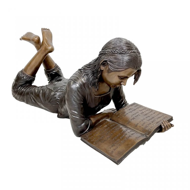 Bronze Lying Girl Reading Statue For Sale - SevenTreeSculpture