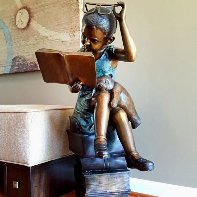 Bronze Sitting Girl Reading Book Statue For Sale - SevenTreeSculpture